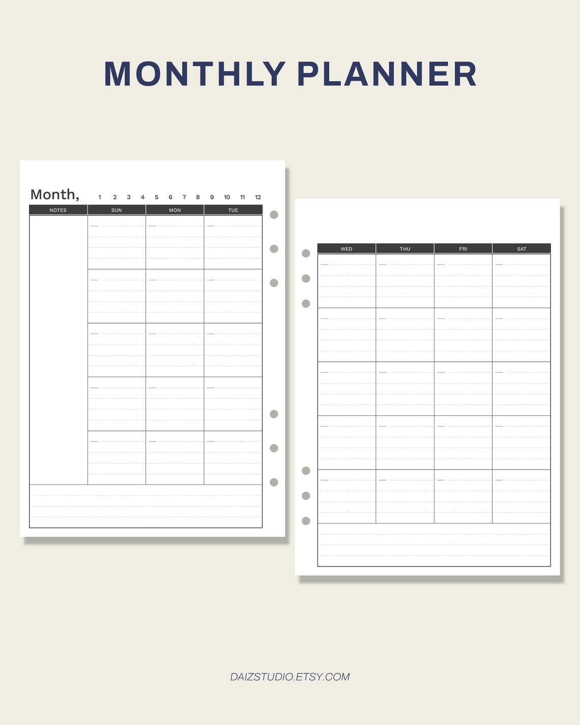 2022 Printable Monthly Planner Printable Calendar Undated - Etsy