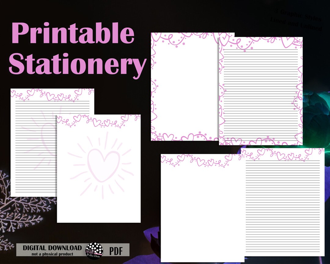 Printable Stationery Paper Pack Happy Hearts Love Lined Print Journal ...