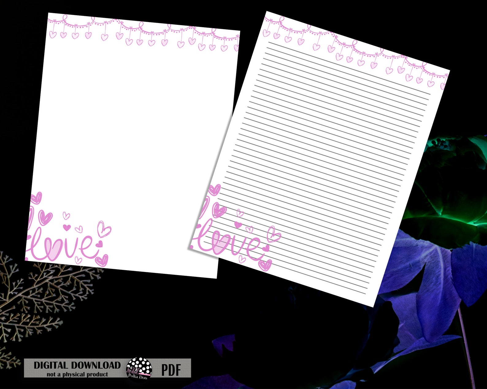 Love Notes Printable Stationery Paper Pack Heart Print Lined Journal ...