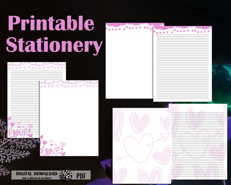 Love Notes Printable Stationery Paper Pack Heart Print Lined Journal ...