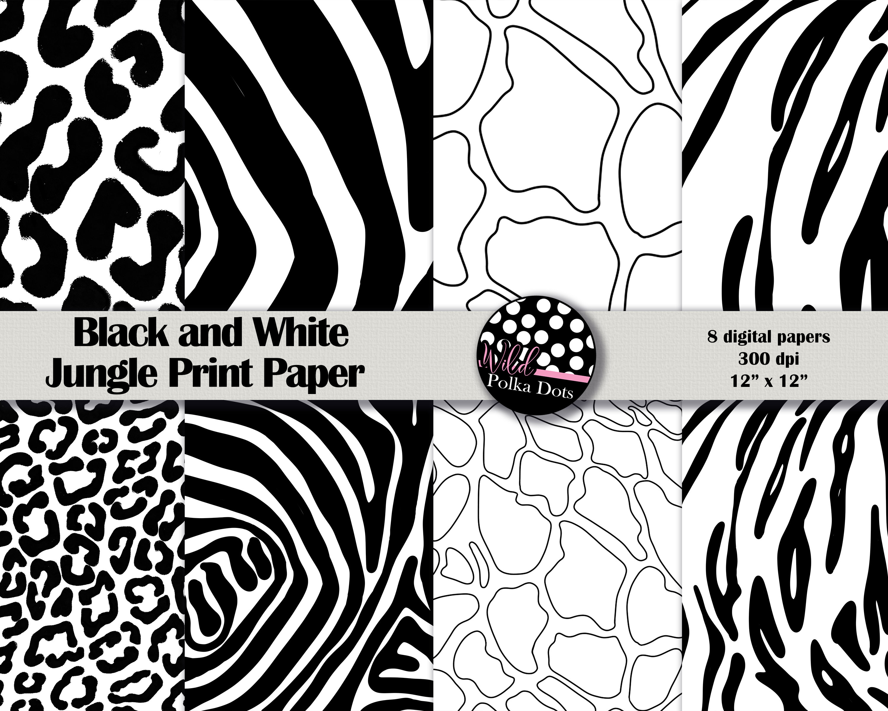 Jungle Print Black and White Digital Paper Pack Safari Leopard Tiger ...