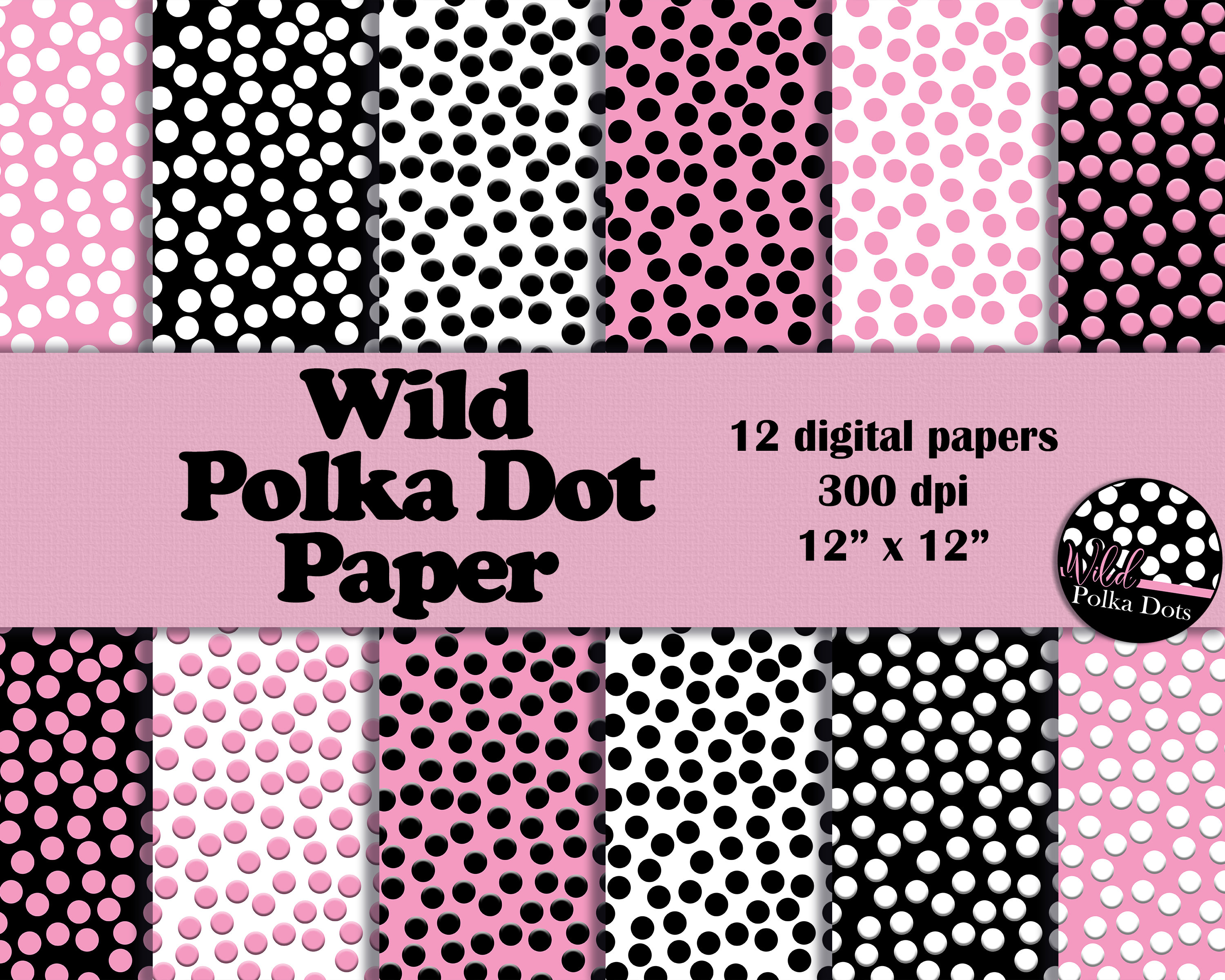 Wild Polka Dot Digital Paper Pack Pink White & Black Instant Download ...
