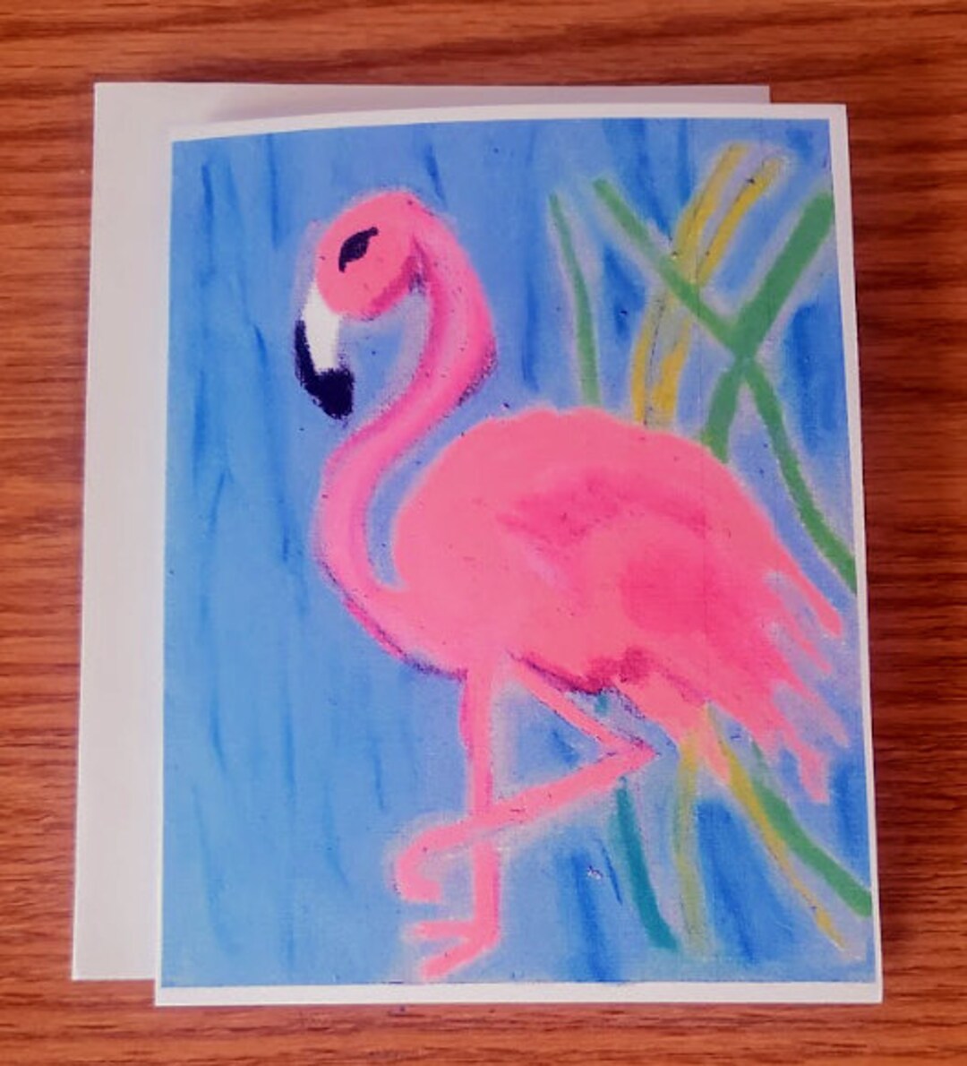 Handmade Flamingo Oil Pastel Greeting Card With Envelope Unique ...