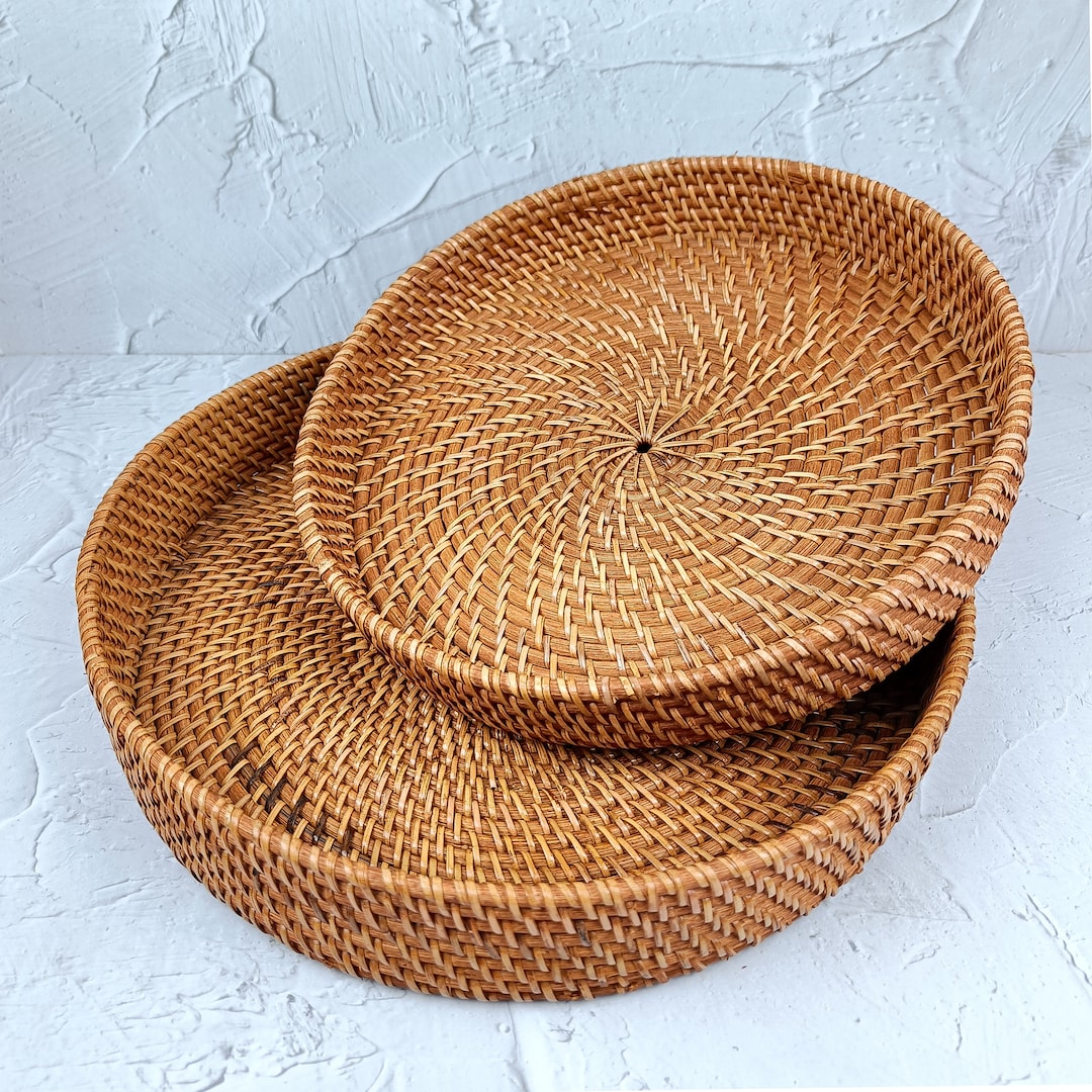 Brown Round Rattan Tray, Handmade Handle Less Wicker Rattan Tray Set - Etsy