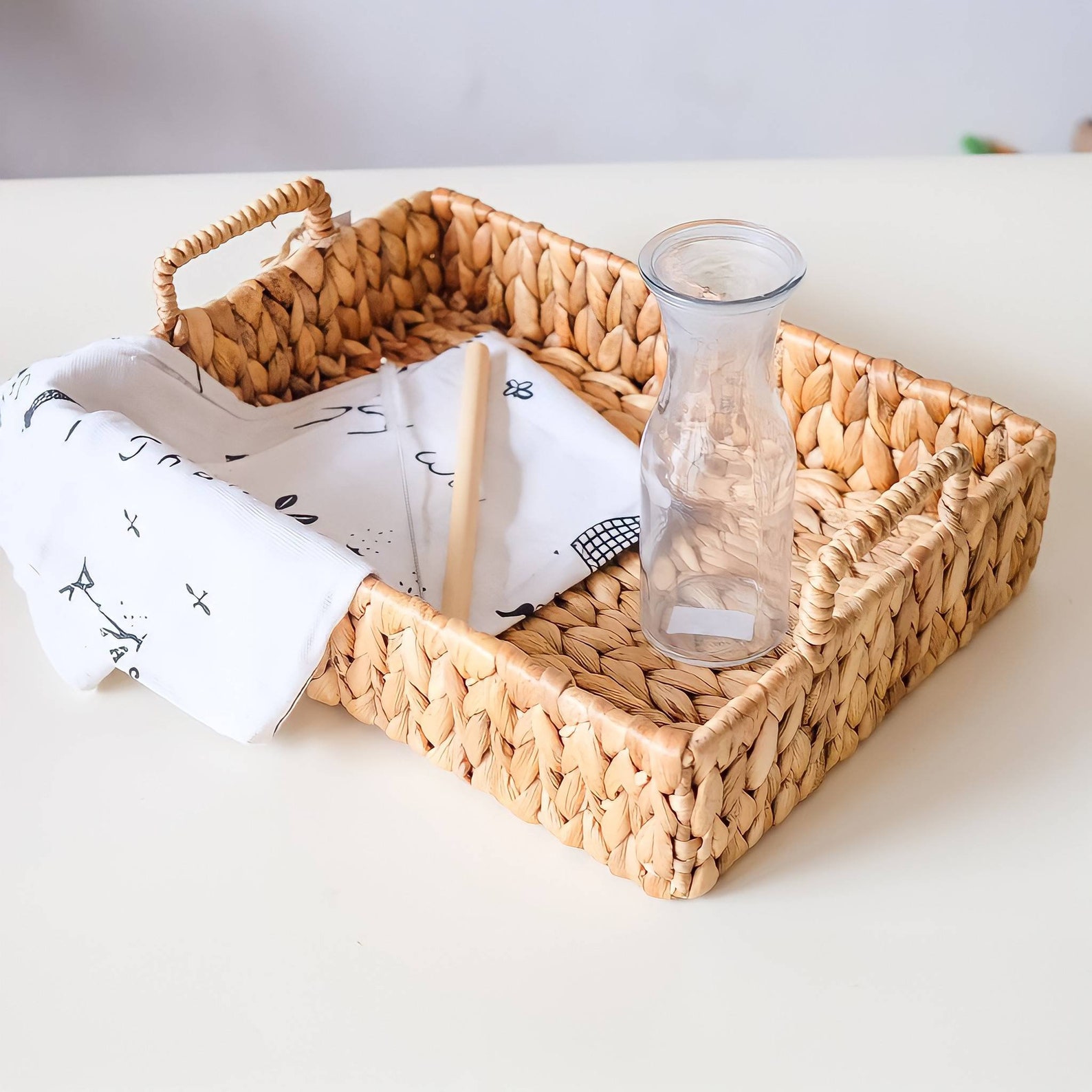 Woven Rectangular Water Hyacinth Tray With Iron Frame, Boho Tray for ...
