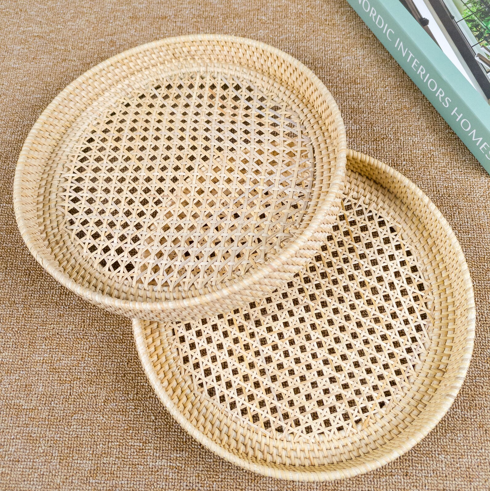 Natural Round Rattan Webbing Tray, Coffee Table Tray, Ottoman Tray ...