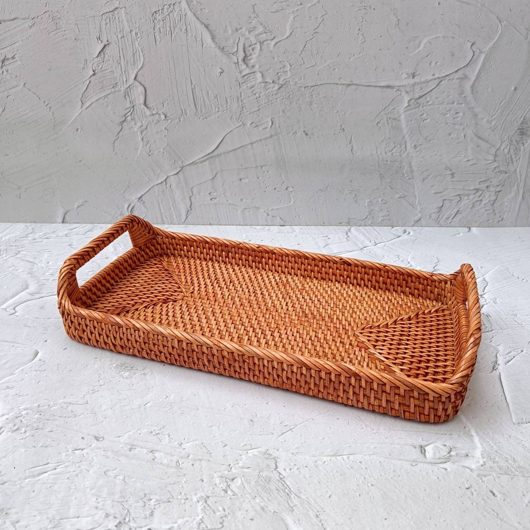Vintage-style Brown Rectangular Rattan Tray Great for Perfumes, Serving ...
