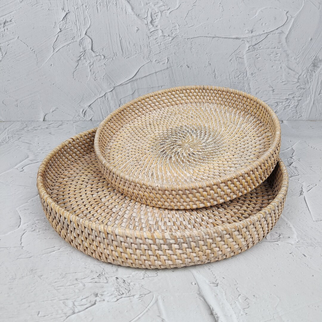 White Woven Round Rattan Tray, Coffee Table Tray, Round Boho Serving ...