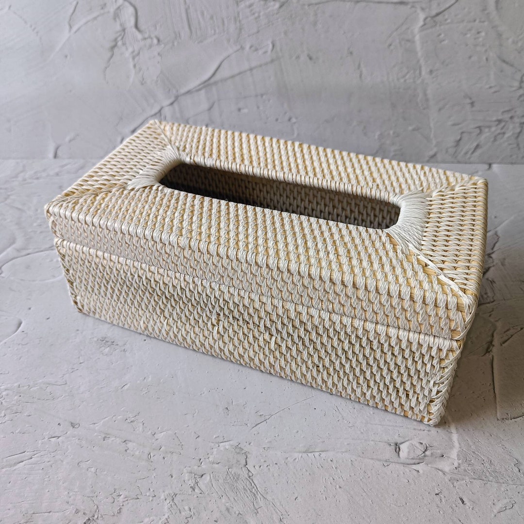 Handmade Rectangular White Rattan Tissue Box Cover, Natural Table Decor ...