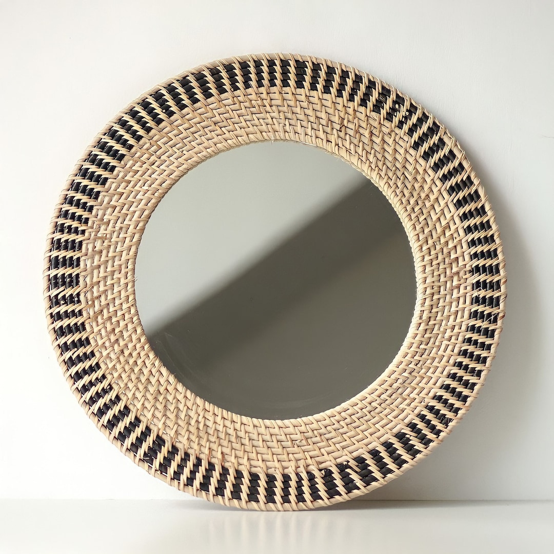 Dual Tone Round Rattan Mirror, Boho Natural Wall Decor - Etsy