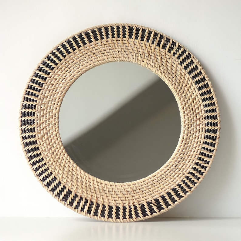 Dual Tone Round Rattan Mirror, Boho Natural Wall Decor - Etsy