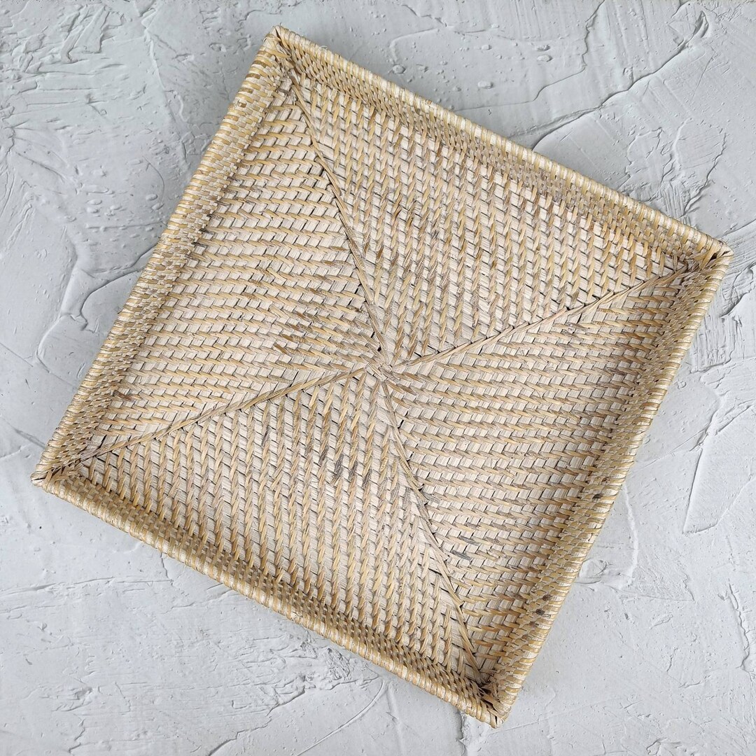 White Woven Rattan Square Tray, Straw Serving Tray, Decorative Boho ...