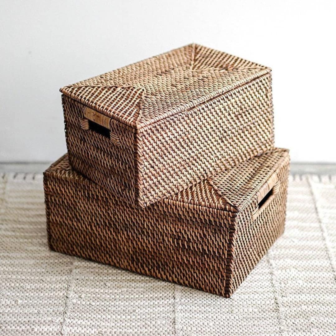 A Pair of Dark Brown Woven Rattan Storage Box With Lid, Large Organizer ...
