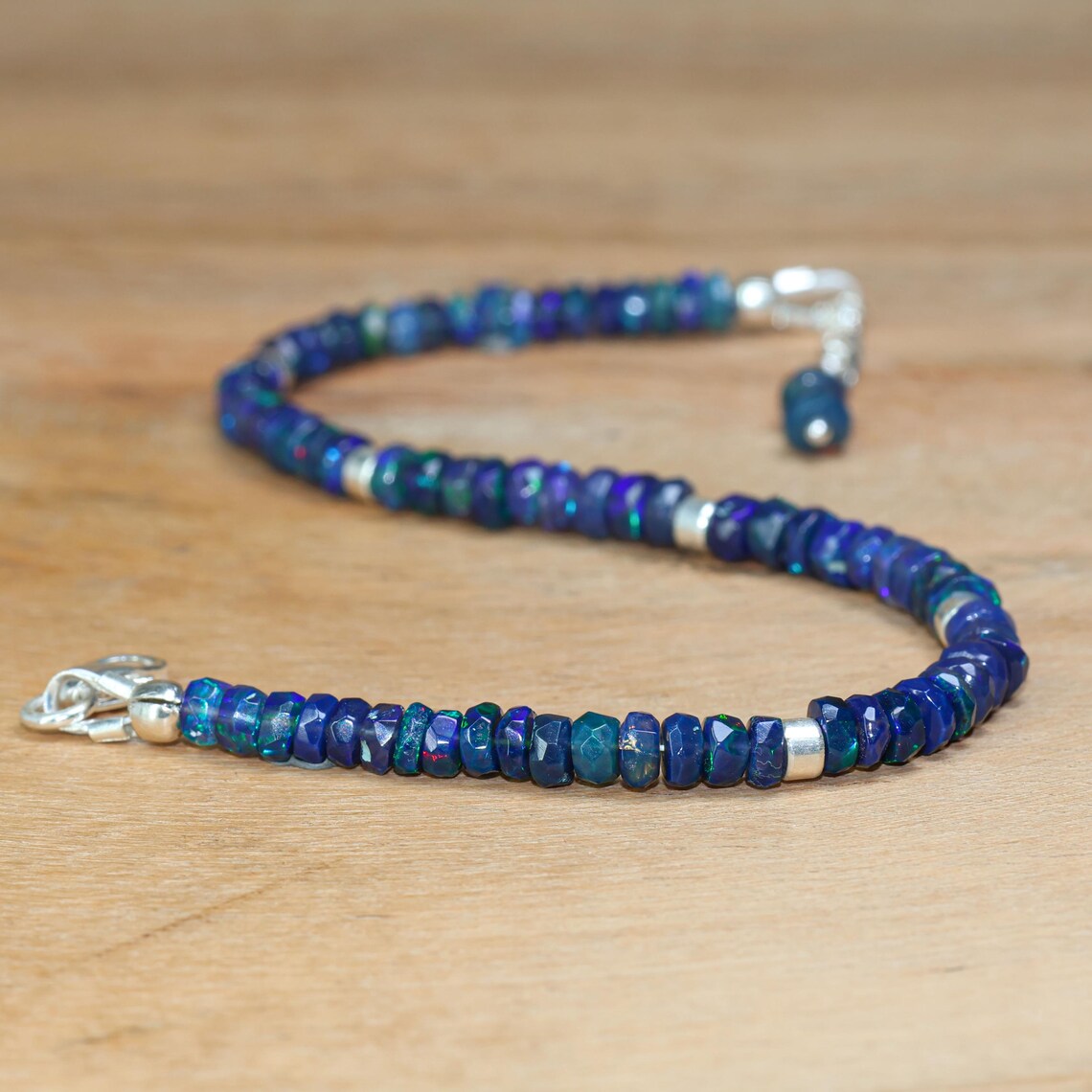 Dark Blue Fire Opal Faceted Beads Bracelet, Fire Blue Opal Silver Bead ...
