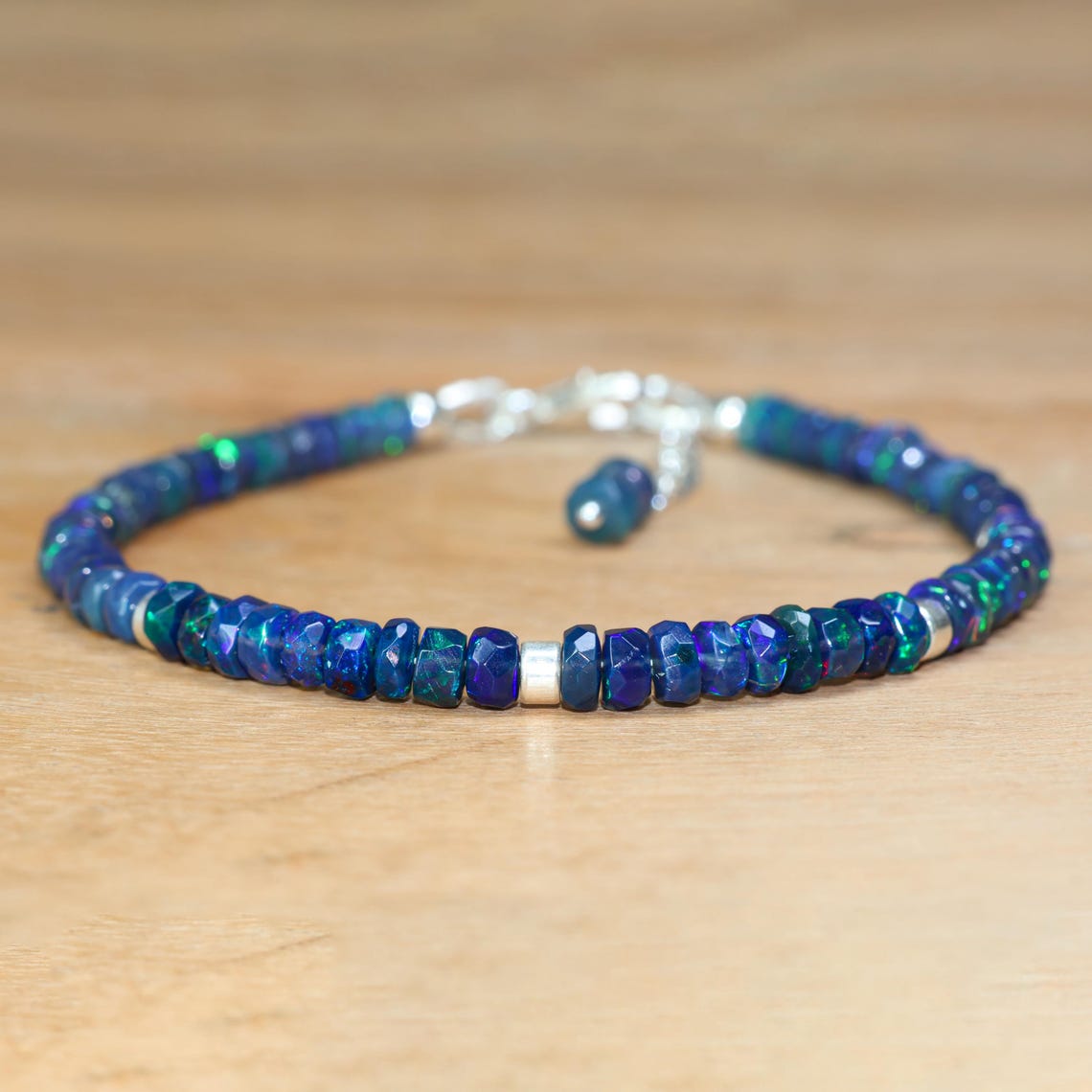 Dark Blue Fire Opal Faceted Beads Bracelet, Fire Blue Opal Silver Bead ...