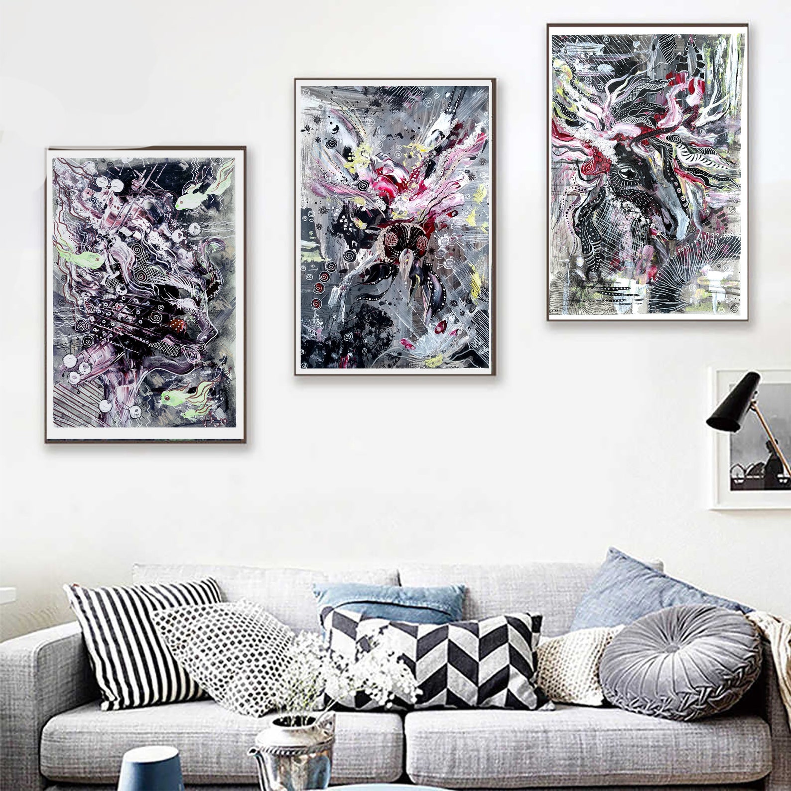 Original Triptychon akrilic Kunst Fantasie abstrakt Malerei | Etsy