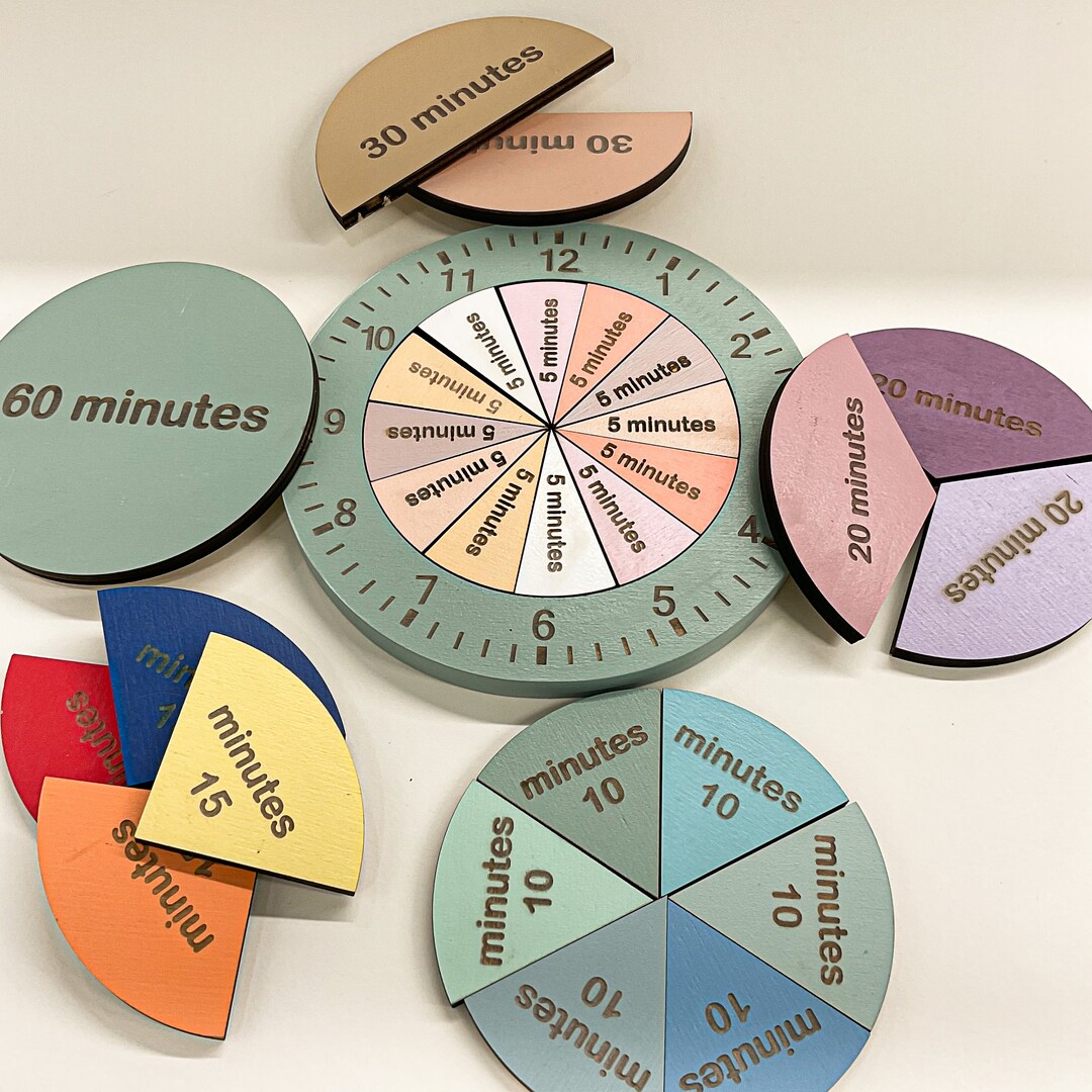 Wood Learning Clock, Fraction of Time, Telling the Time, Montessori Toy ...