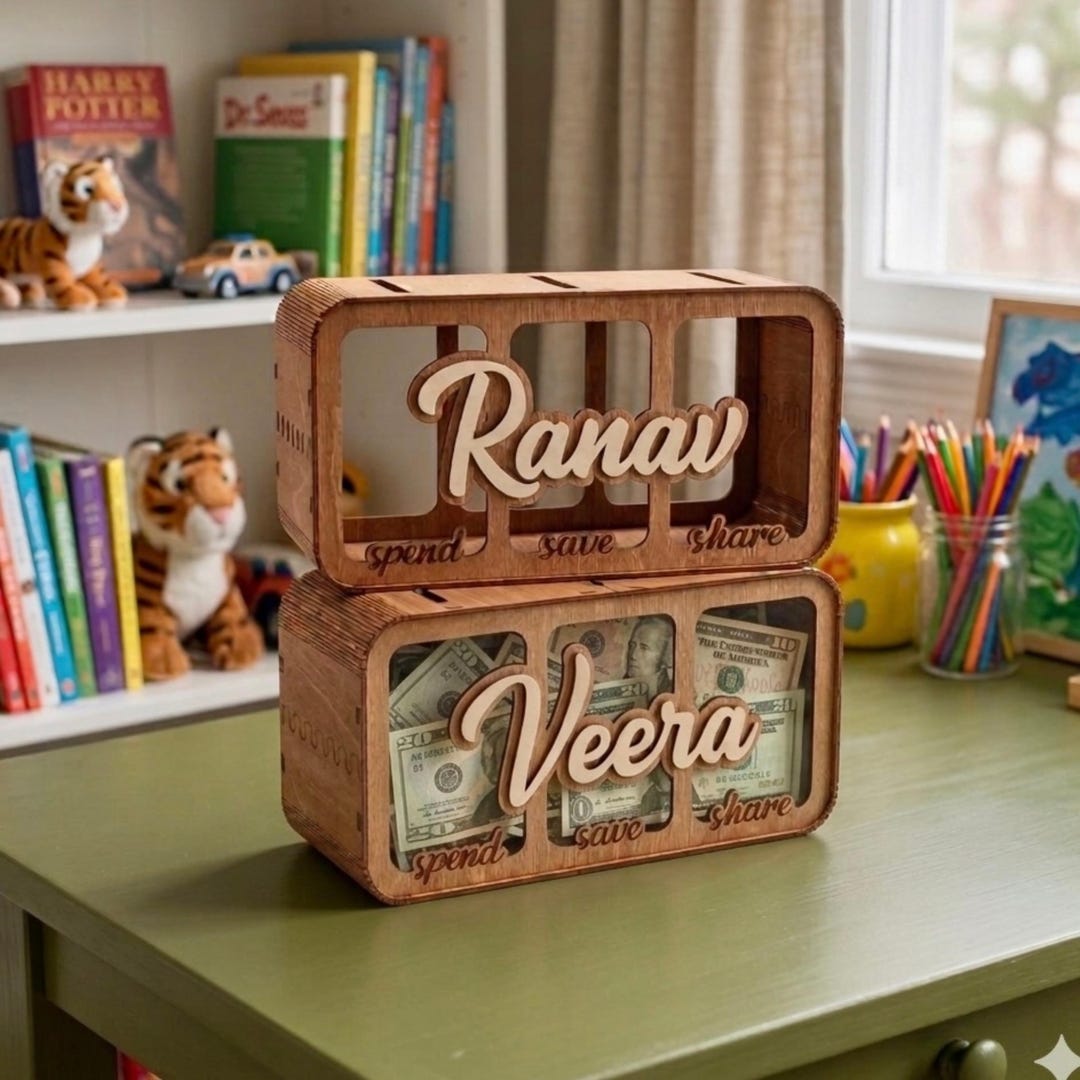 Save Spend Share Piggy Bank, Wooden Kids Money Saving Box, 3 ...