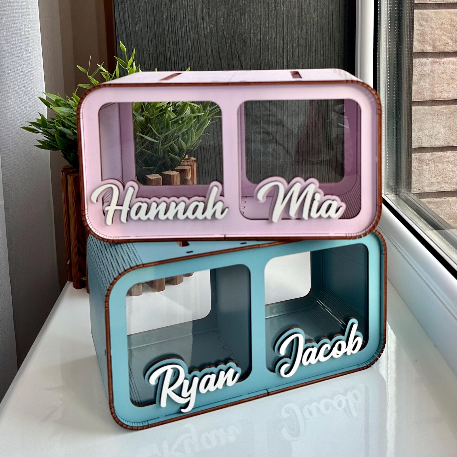 Custom Wooden Piggy Bank | Two Kids Save Spend Box | Montessori Coin ...