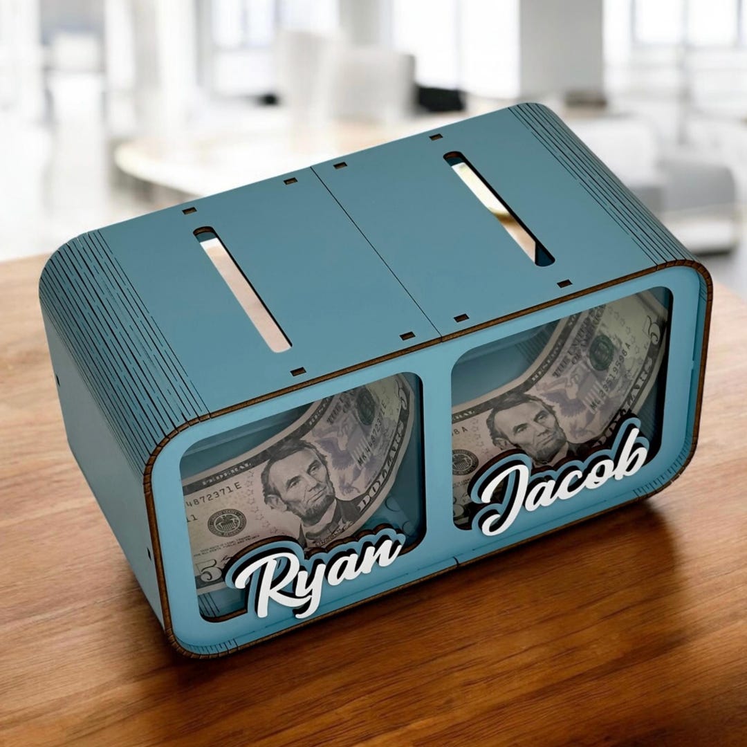 Custom Wooden Piggy Bank | Two Kids Save Spend Box | Montessori Coin ...