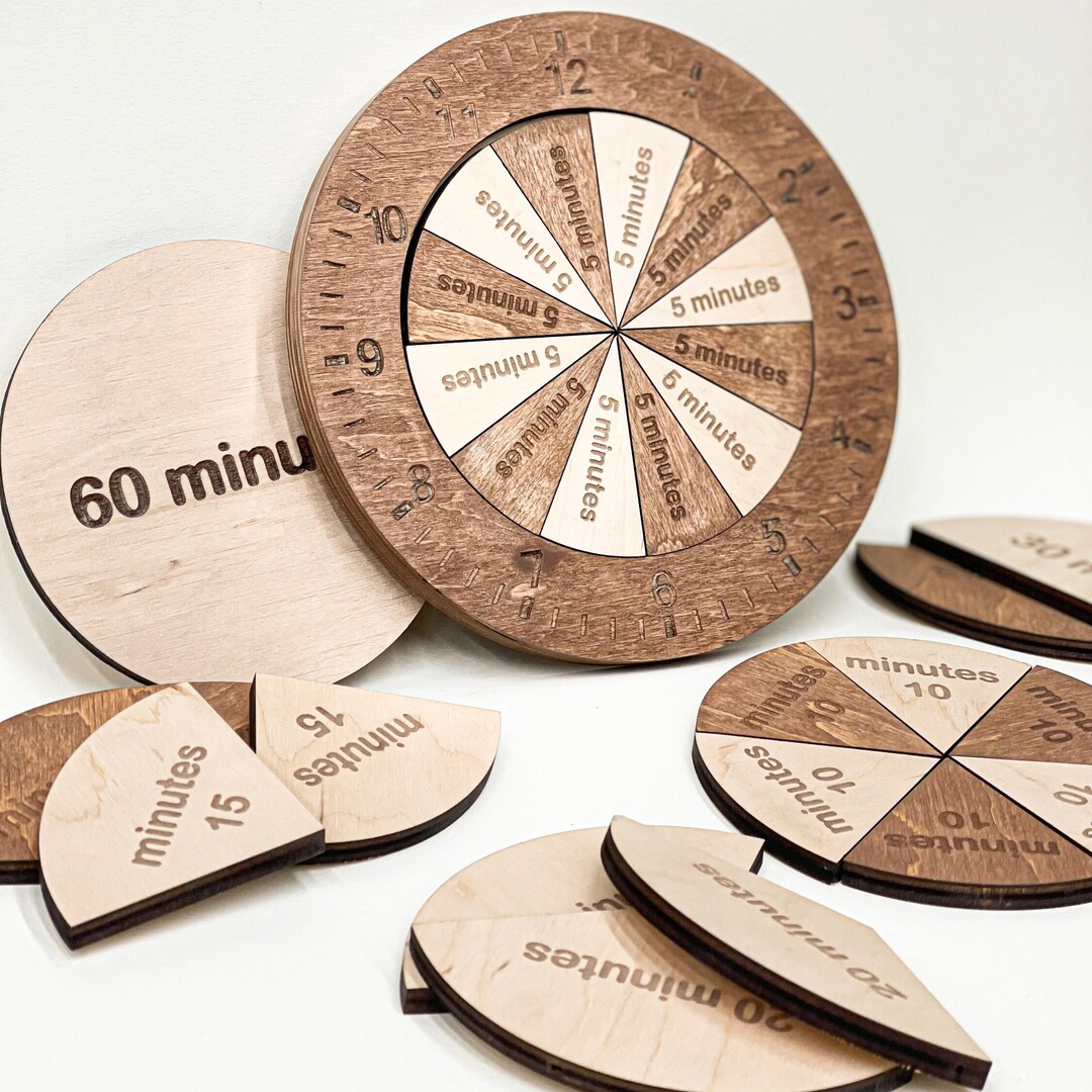 Wood Learning Clock, Fraction of Time, Telling the Time, Montessori Toy ...