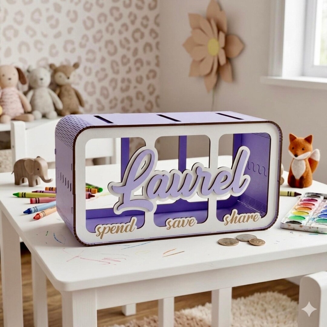 Save Spend Share Piggy Bank, Personalized Kids Money Box, Wooden ...