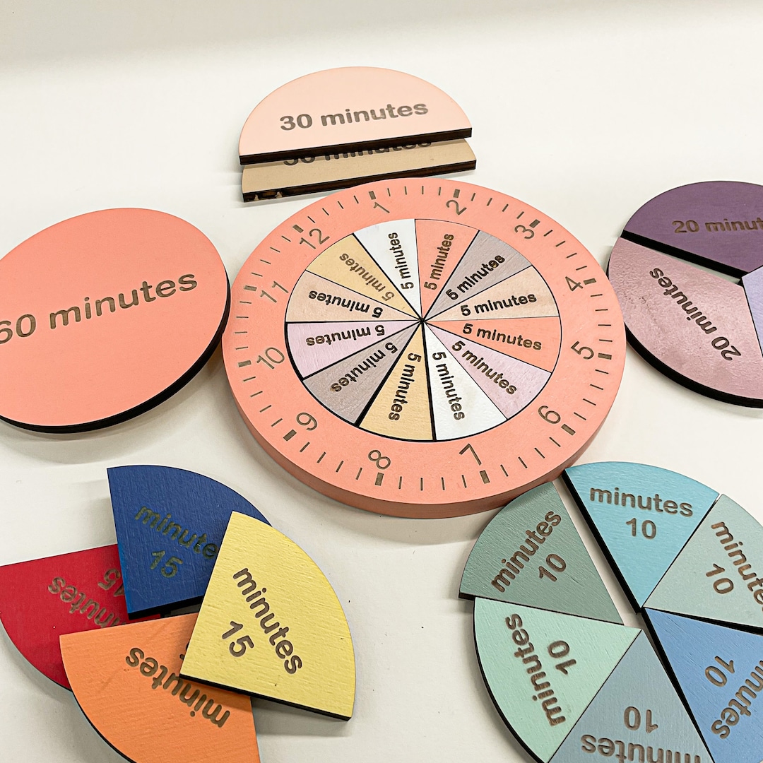 Wood Learning Clock, Fraction of Time, Telling the Time, Montessori Toy ...