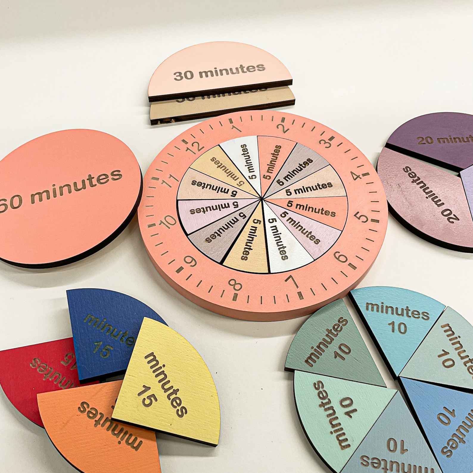 Wood Learning Clock, Fraction of Time, Telling the Time, Montessori Toy ...