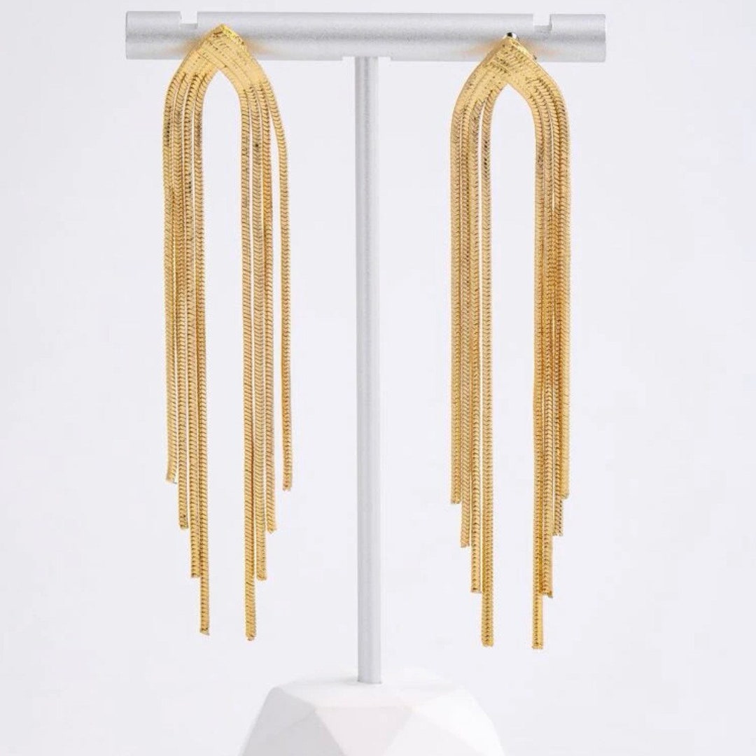 Gold Minimalist Long Earrings Sleek Intimate Evening Fashion - Etsy
