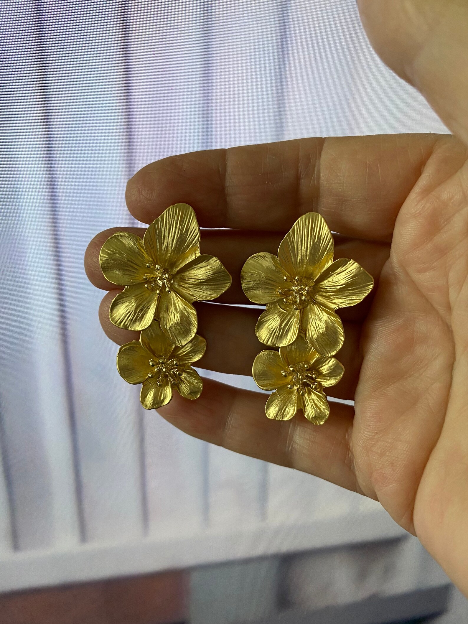 Gold double flower petal earrings flower raised embossed | Etsy