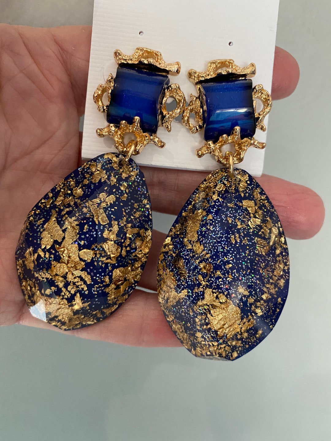 Big Gold Cobalt Blue Modern Dramatic Drop Statement Earrings - Etsy