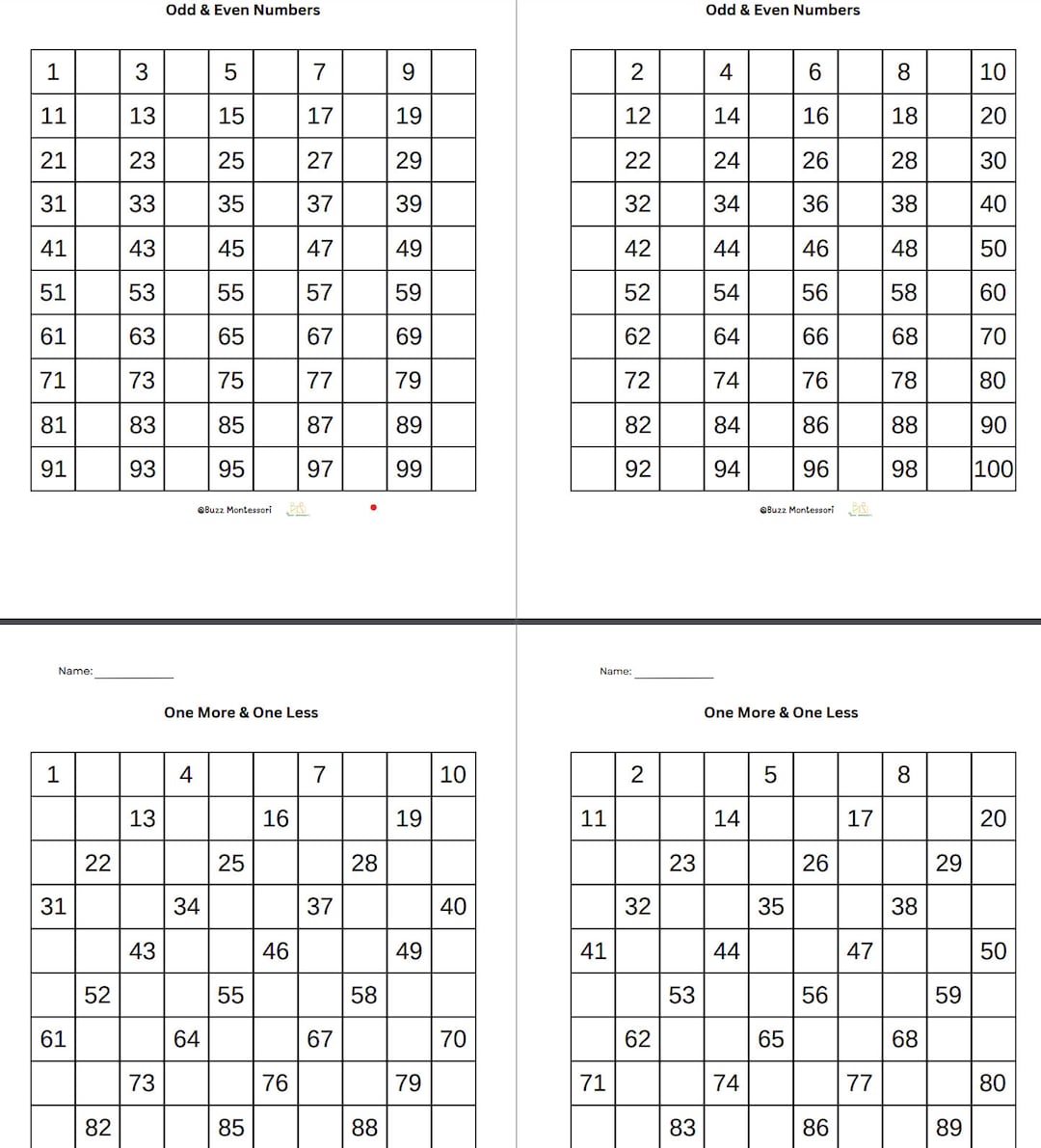 Montessori 100 Board Worksheets; Montessori Math Count to 100; Odd ...