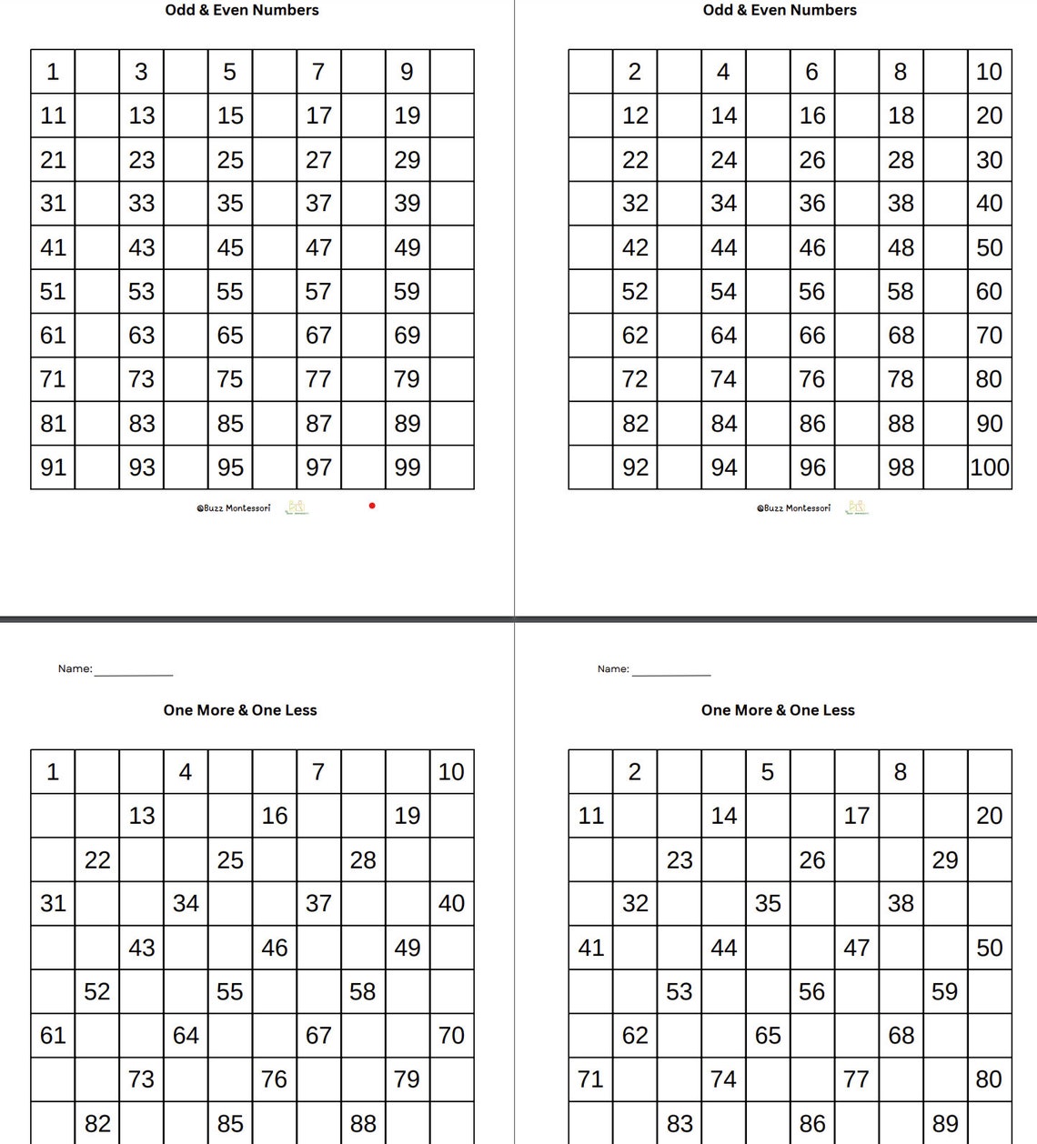 Montessori 100 Board Worksheets; Montessori Math Count to 100; Odd ...