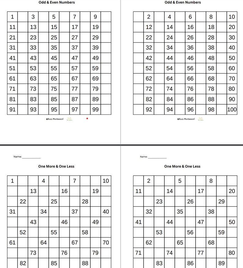 Montessori 100 Board Worksheets; Montessori Math Count to 100; Odd ...