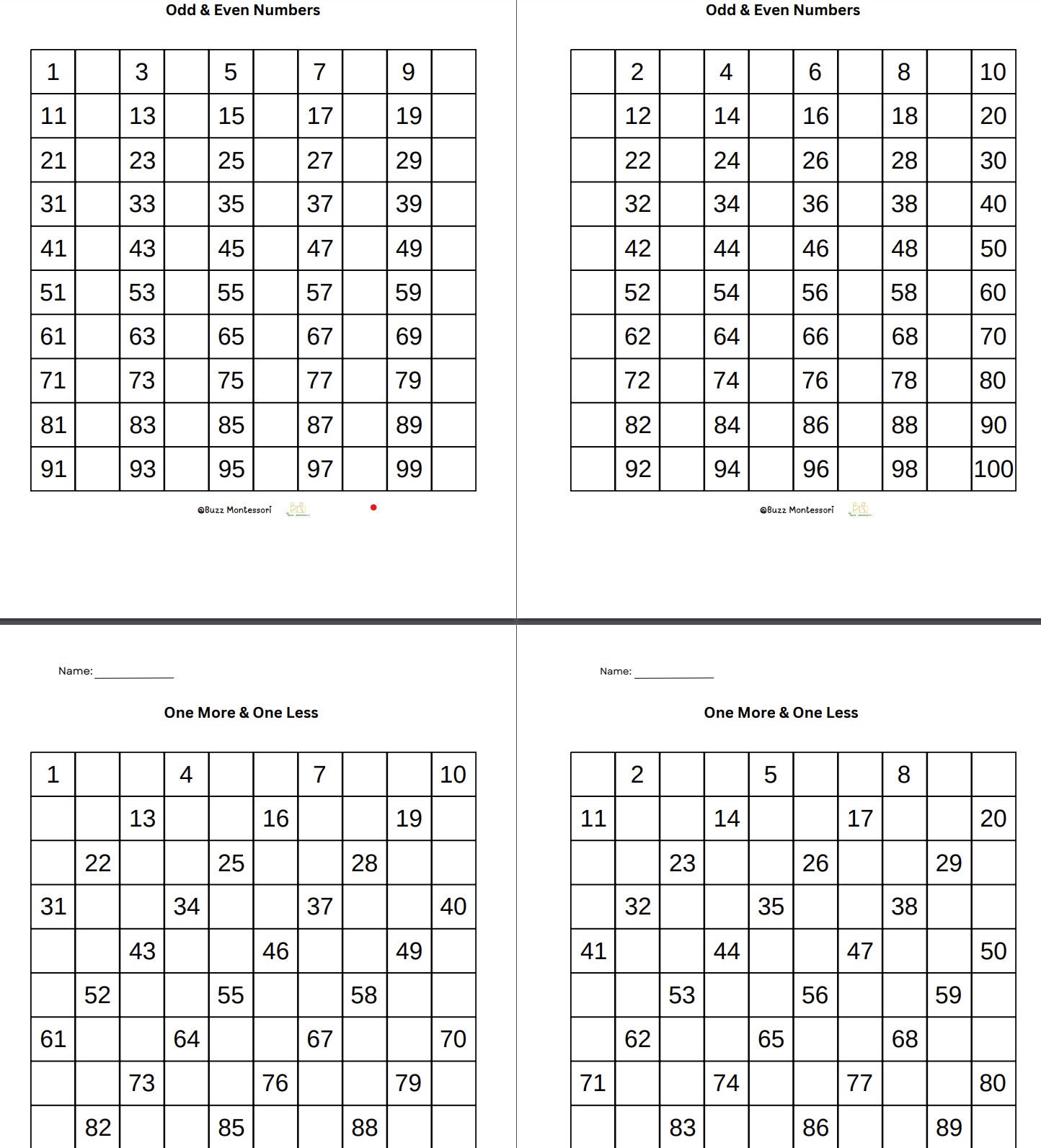 Montessori 100 Board Worksheets; Montessori Math Count to 100; Odd ...