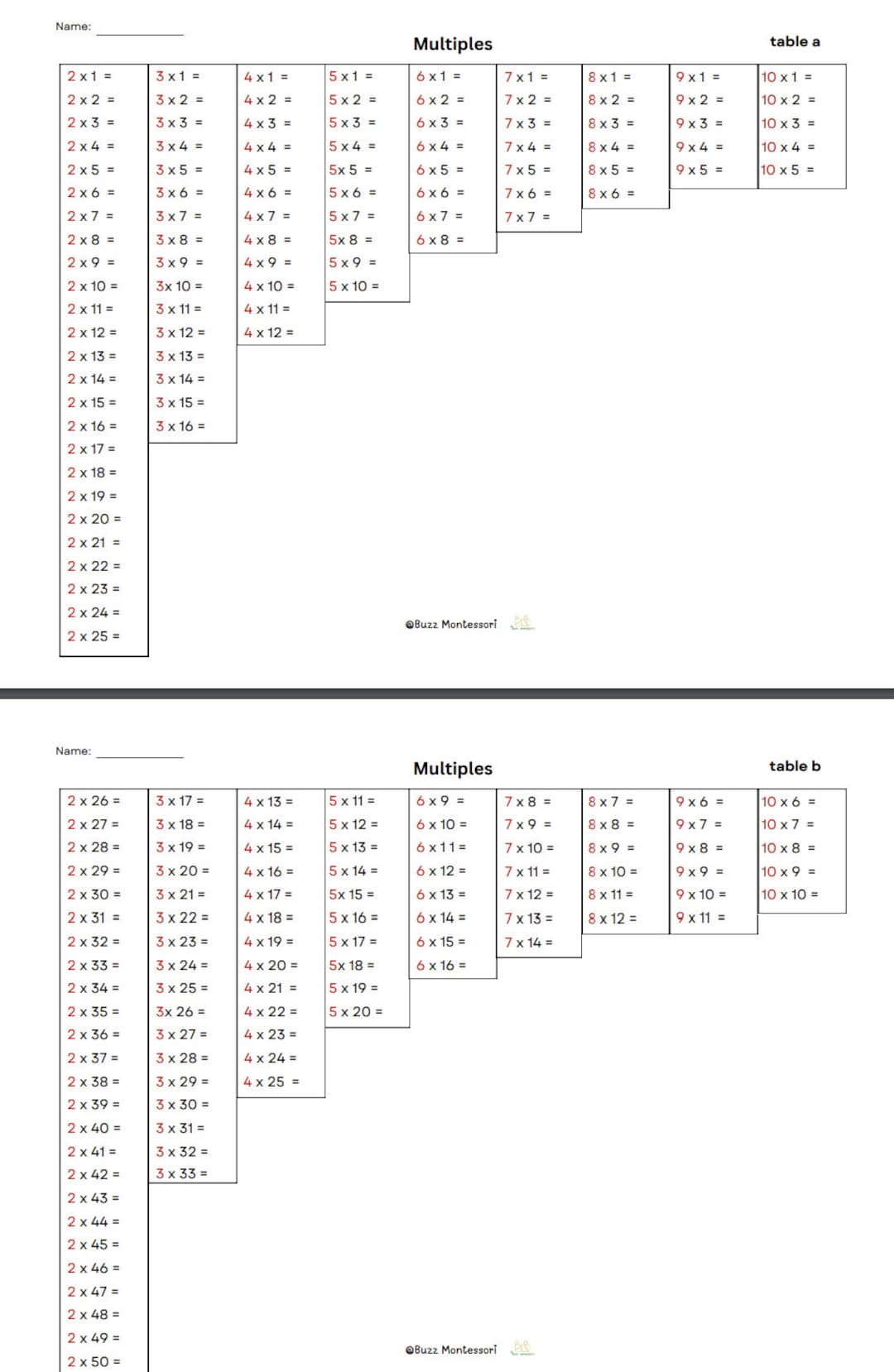 Montessori Math Tables A, B & E – Fun Multiplication Practice; Complete ...