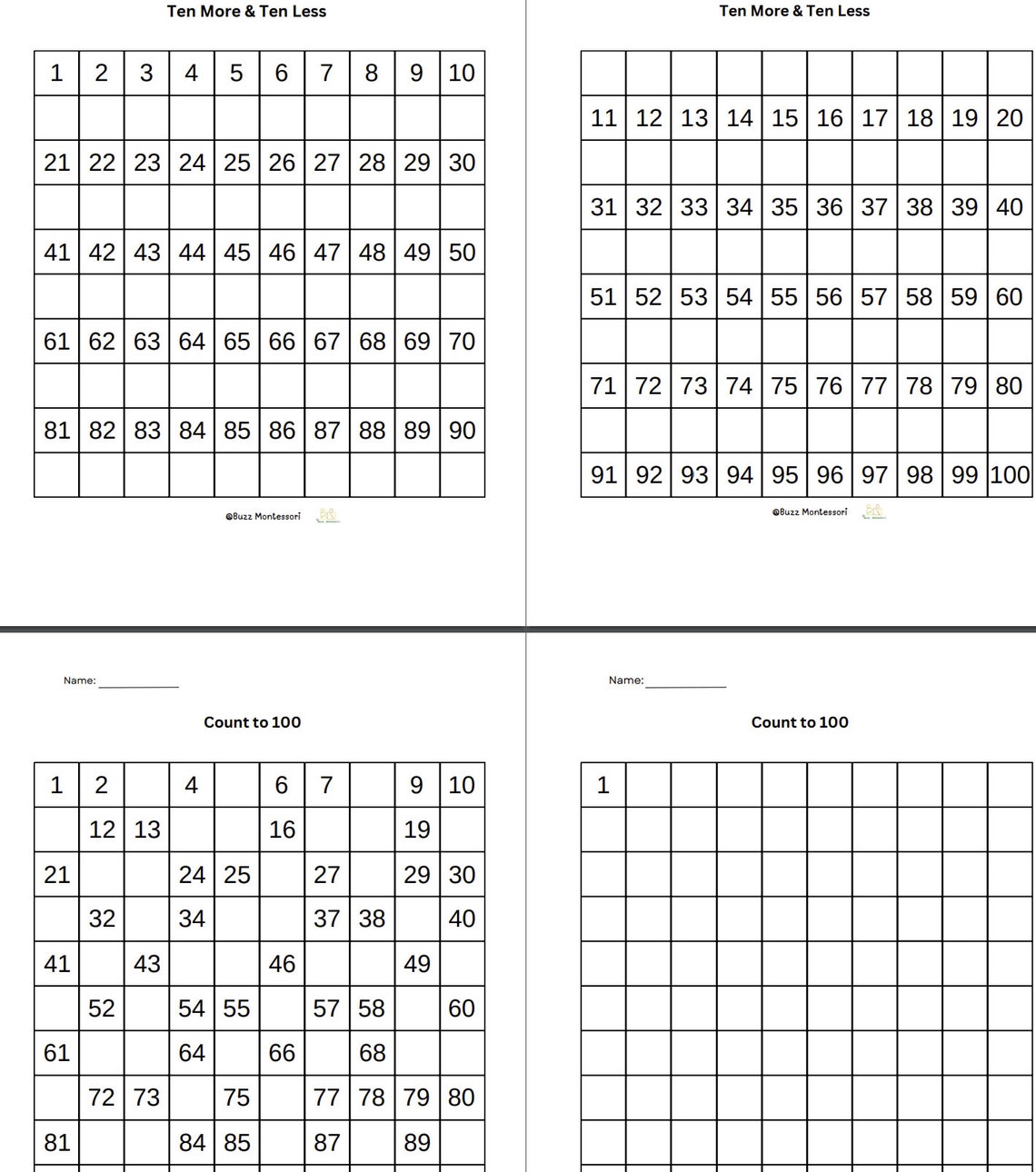 Montessori 100 Board Worksheets; Montessori Math Count to 100; Odd ...