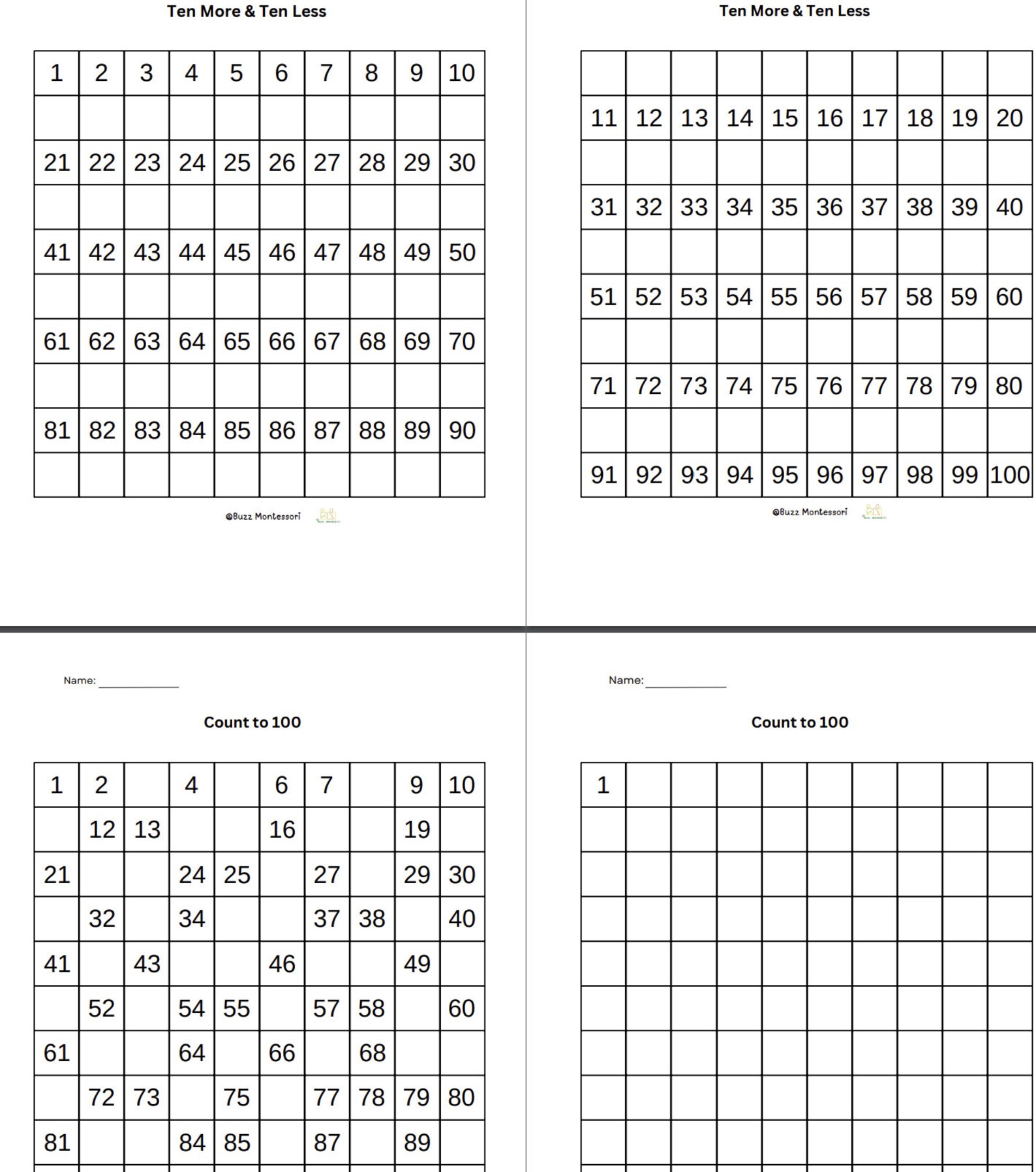 Montessori 100 Board Worksheets; Montessori Math Count to 100; Odd ...