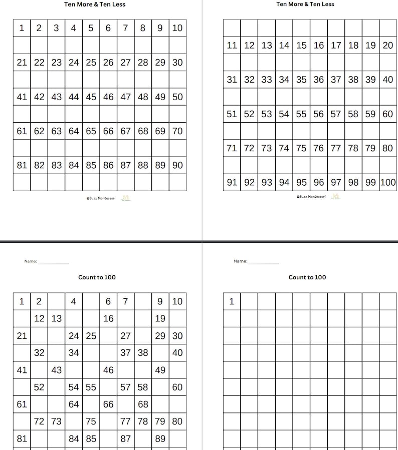 Montessori 100 Board Worksheets; Montessori Math Count to 100; Odd ...
