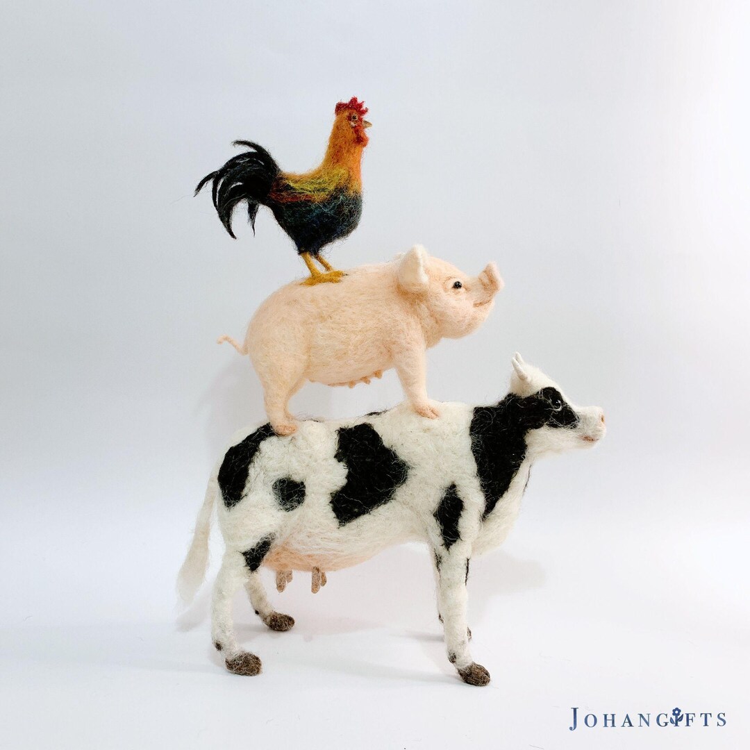 Needle Felted Farm Animal Stack Wool Sculpture Miniature Figurine, Cow ...