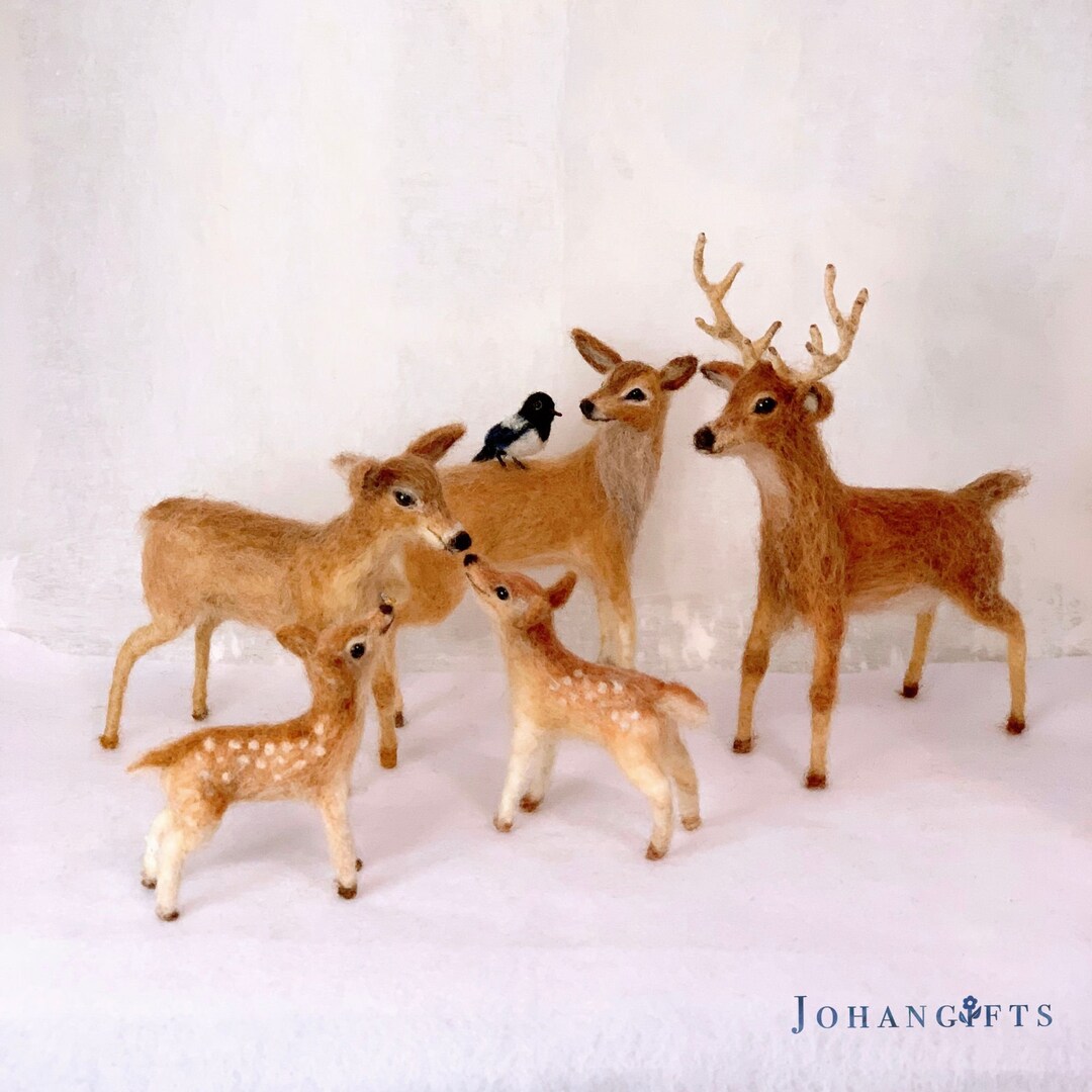 Deer Family Wool Sculpture Posable White Tailed Figurine, Miniature ...