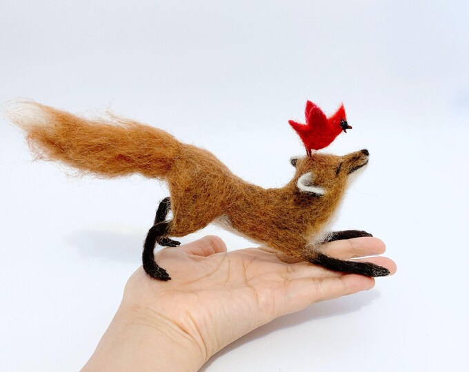 Red Fox and Cardinal Wool Sculpture - Miniature Needle Felt Fox and ...