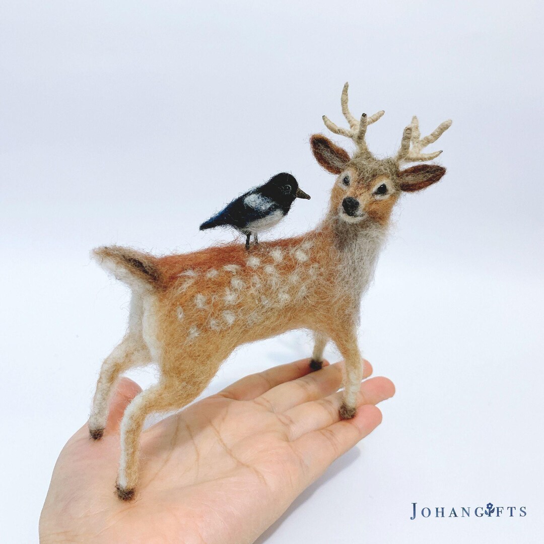 Spotted Deer and Magpie Wool Sculpture - Miniature Woodland Deer ...