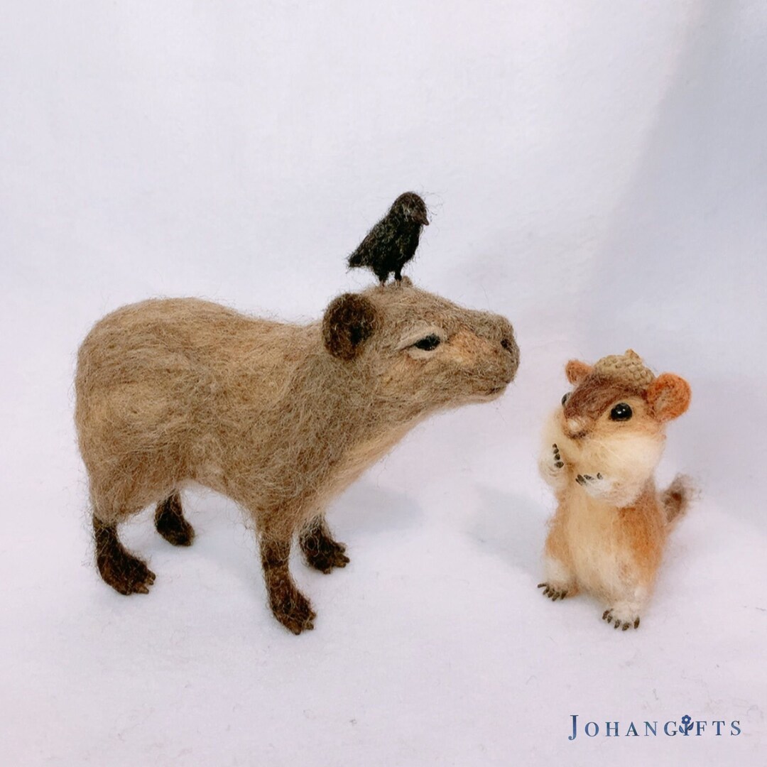 Capybara and Crow Sculpture Handmade Needle Felted Figurine, Miniature ...