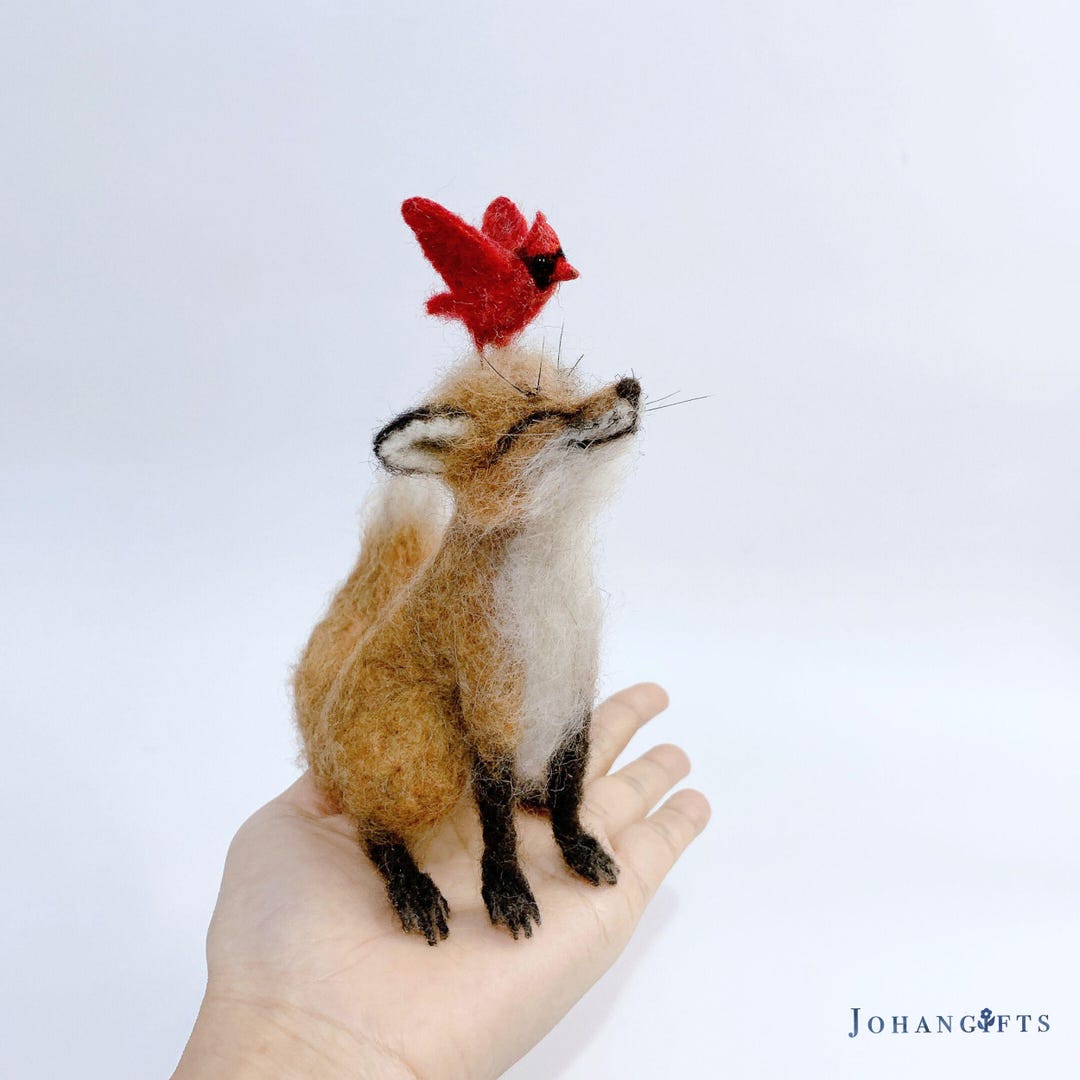 Red Fox and Cardinal Wool Sculpture - Miniature Needle Felt Fox and ...