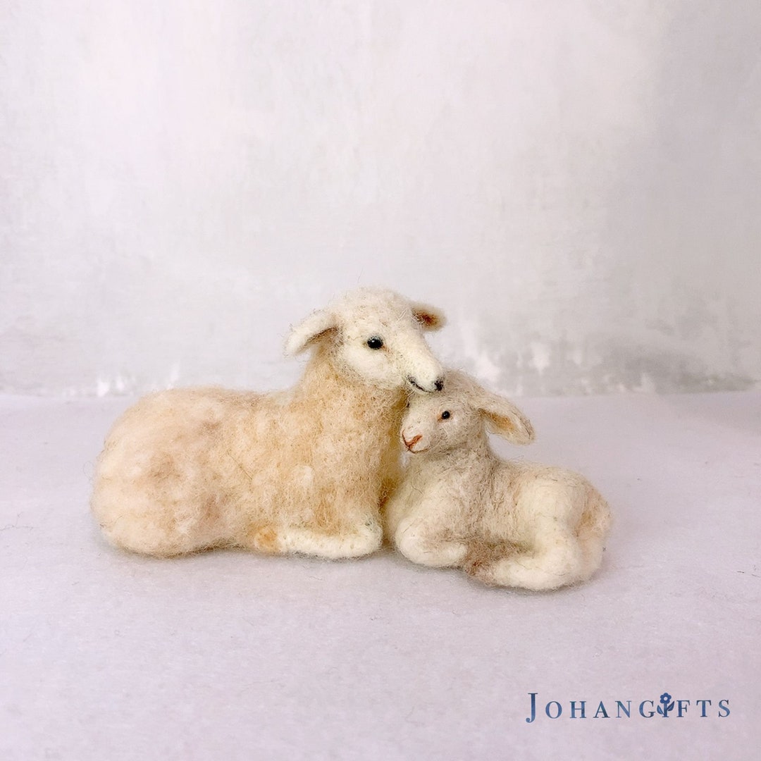Ewe and Lamb Sitting Wool Sculpture Farm Animal Miniature Doll, Needle ...