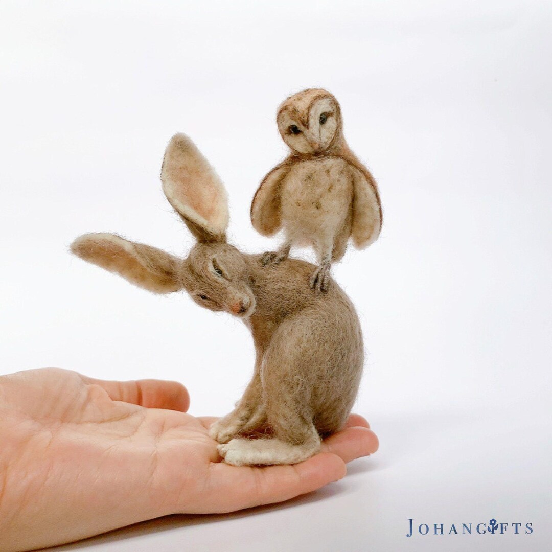 Jack Rabbit and Barn Owl Wool Sculpture Needle Felted Whimsical Animal ...