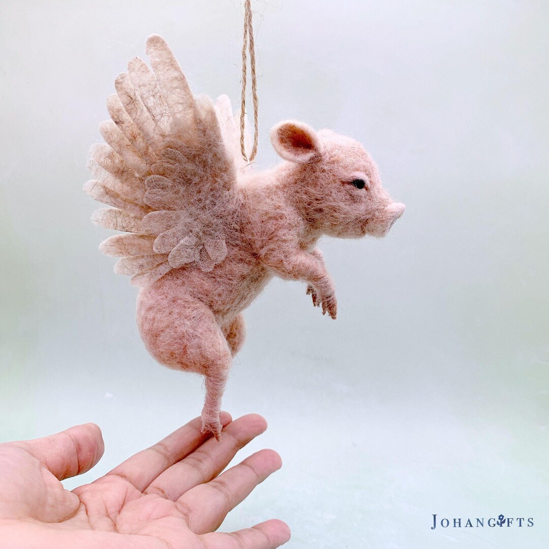 Needle Felted Flying Pig Wool Sculpture Miniature Figurine Collectible ...