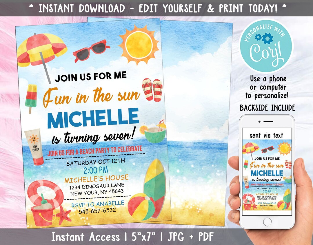 Editable Beach Birthday Party Invitation Beach Party Invite - Etsy
