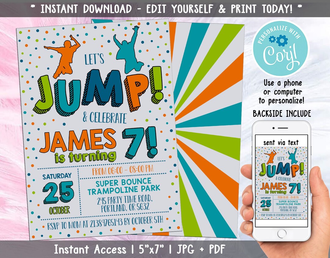 Jump Invitation, Trampoline Birthday Invitation, Trampoline Park, Jump ...